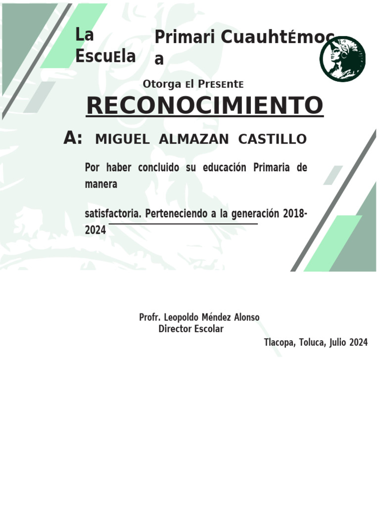 La Escu La Primari A Cuauht Moc: Reconocimiento | PDF | Ciencias sociales | Salud y bienestar