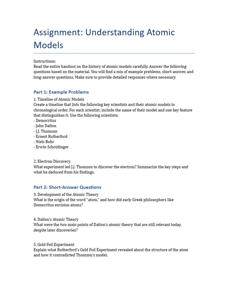 Atomic Models Assignment | PDF | Atomic Orbital | Atoms