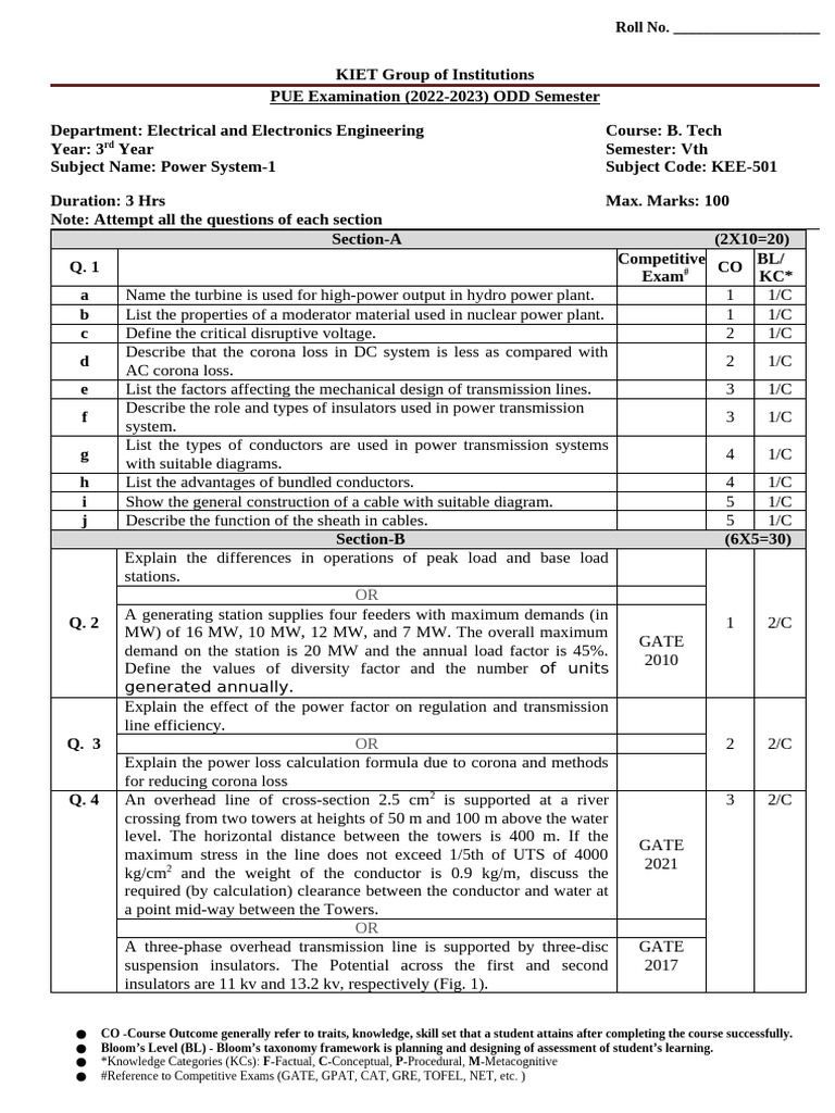 Set A - Power System-1 - (KEE501) - Que Paper PUE Exam 2022-2023 | PDF | Electric Power ...