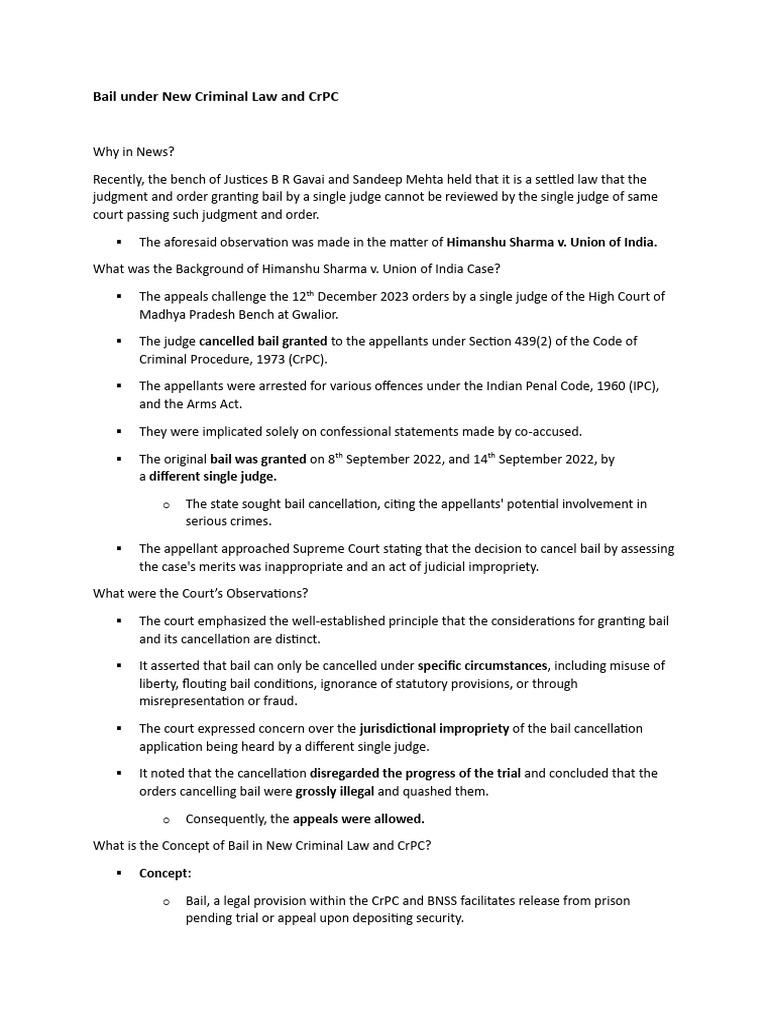 Bail Laws: CrPC and BNSS Explained | PDF | Bail | Public Law