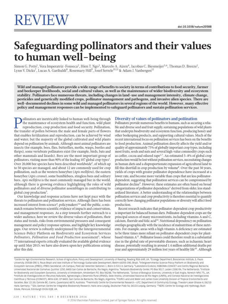 Safeguarding Pollinators and Their Values To Human Well-Being | PDF ...