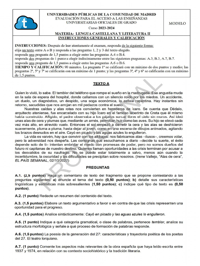 Examen Lengua Selectividad Modelo 2024 Resuelto | PDF