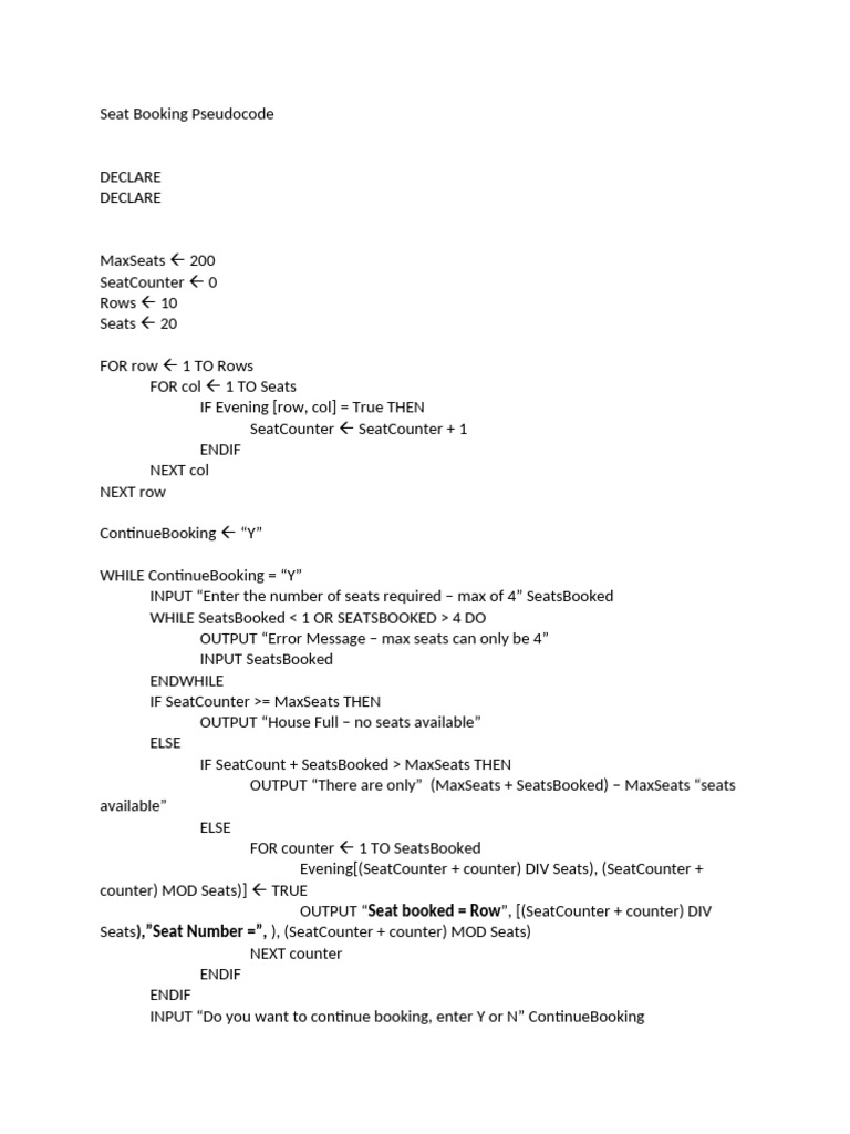 Pseudocode for Seat Booking | PDF