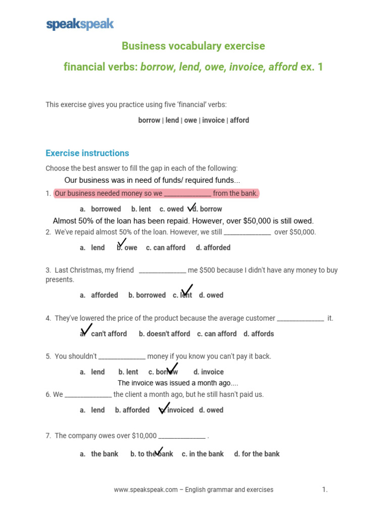Financial Verbs Vocabulary Exercise | PDF | Loans | Banks