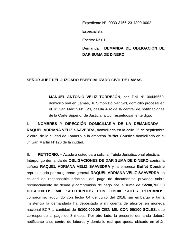 Demanda Procesal Civil | PDF | Pagos | Deuda