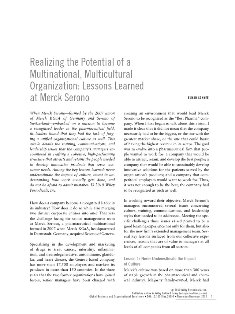 Realizing the Potential of a Multinational Multicultural Organization Lessons Learned at Merck ...