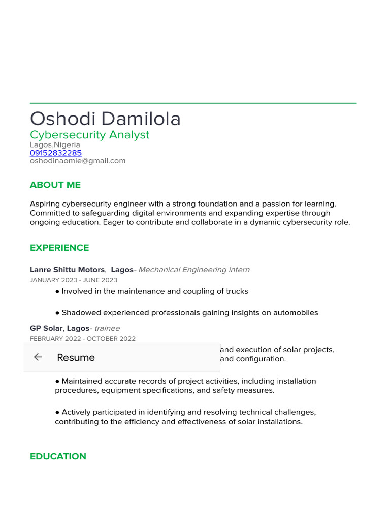 Oshodi Damilola: Cybersecurity Analyst | PDF