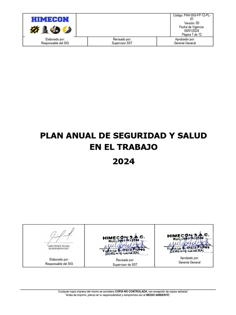 PAH-SIG-FP-12-PL-01 Plan Anual de SST | PDF | Seguridad y salud ocupacional | Higiene Ocupacional
