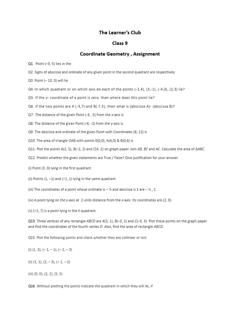 Class 9 Coordinate Geometry Mris Pdf Cartesian Coordinate System Mathematical Relations