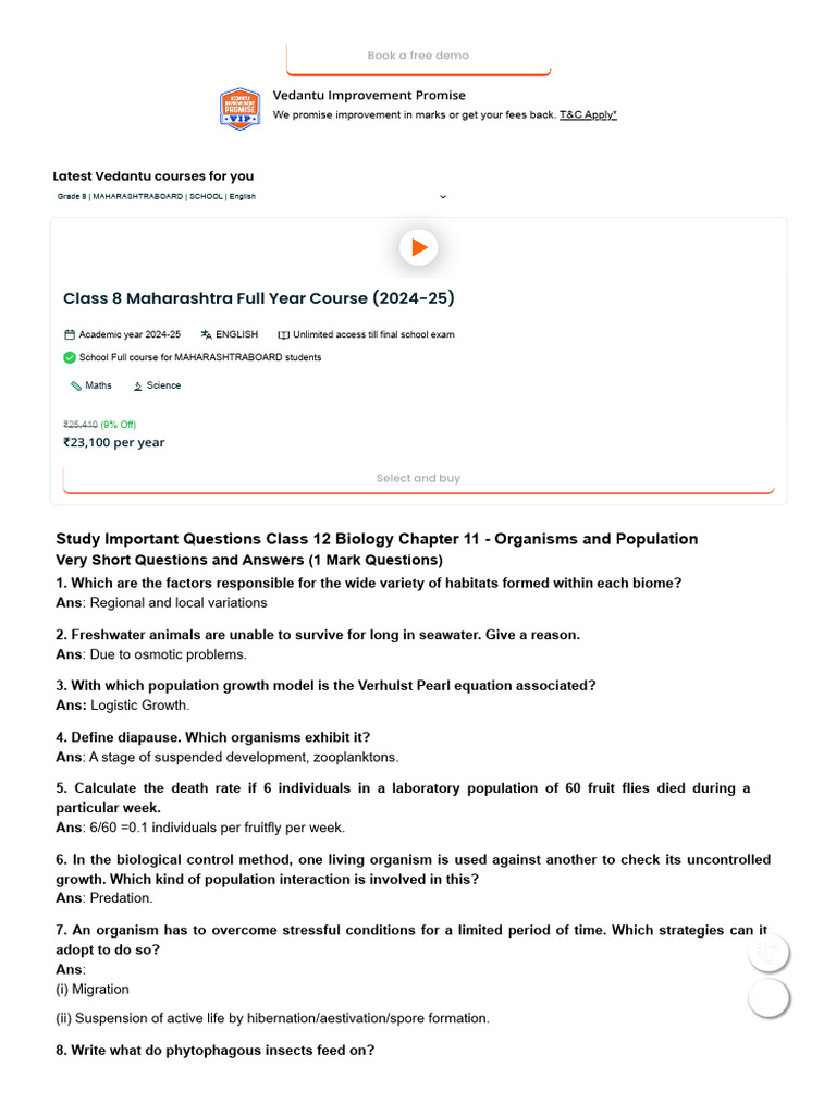 Important Questions on Organisms & Populations | PDF | Thermoregulation ...