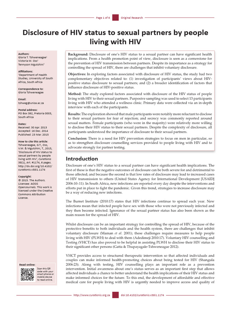 Disclosure of HIV Status To Se | PDF | Hiv | Diagnosis Of Hiv/Aids