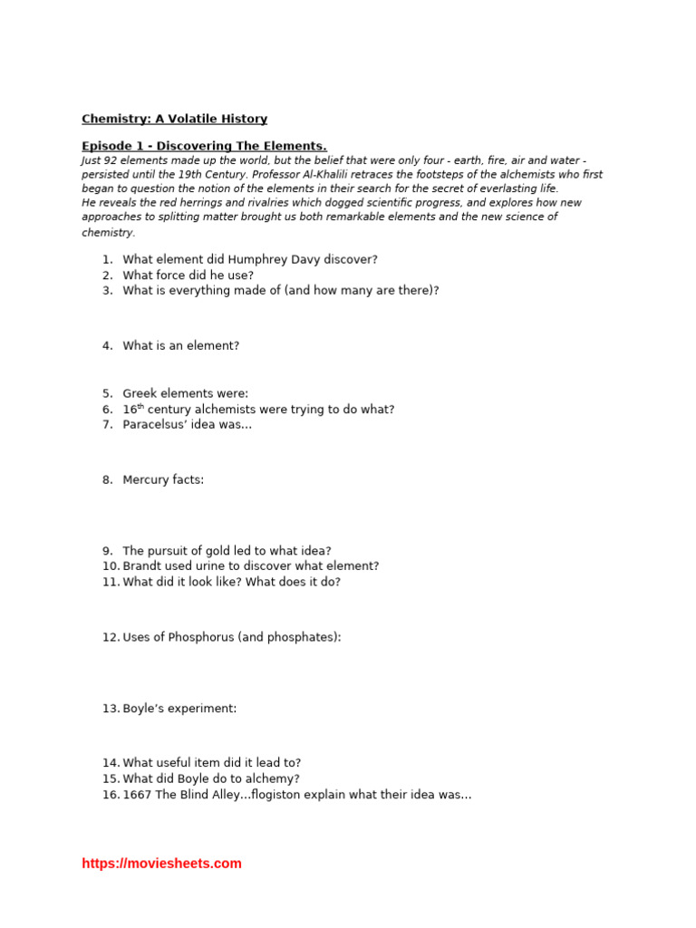 Chemistry A Volatile History Episodes 1 To 3 | PDF | Atoms | Chemical ...