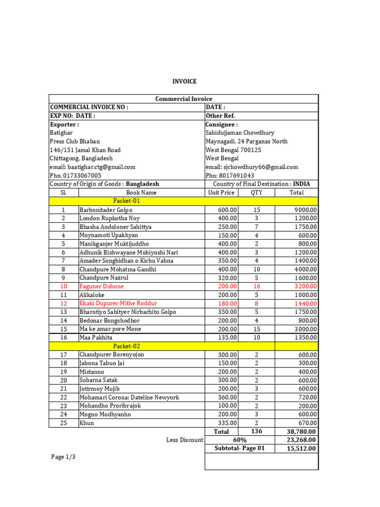Poribar Publications Invoice & Packing List | PDF