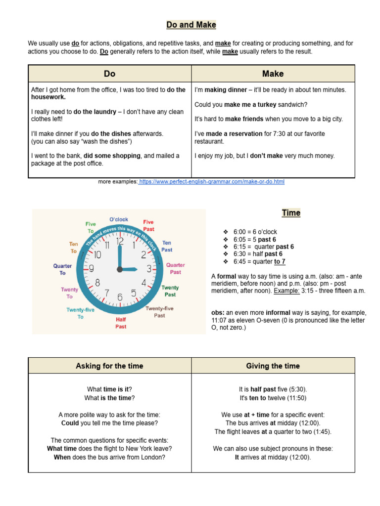 LESSON 13 - Do and Make + Time | PDF