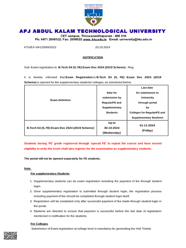 KTU B.Tech S4 Exam Registration Notice | PDF