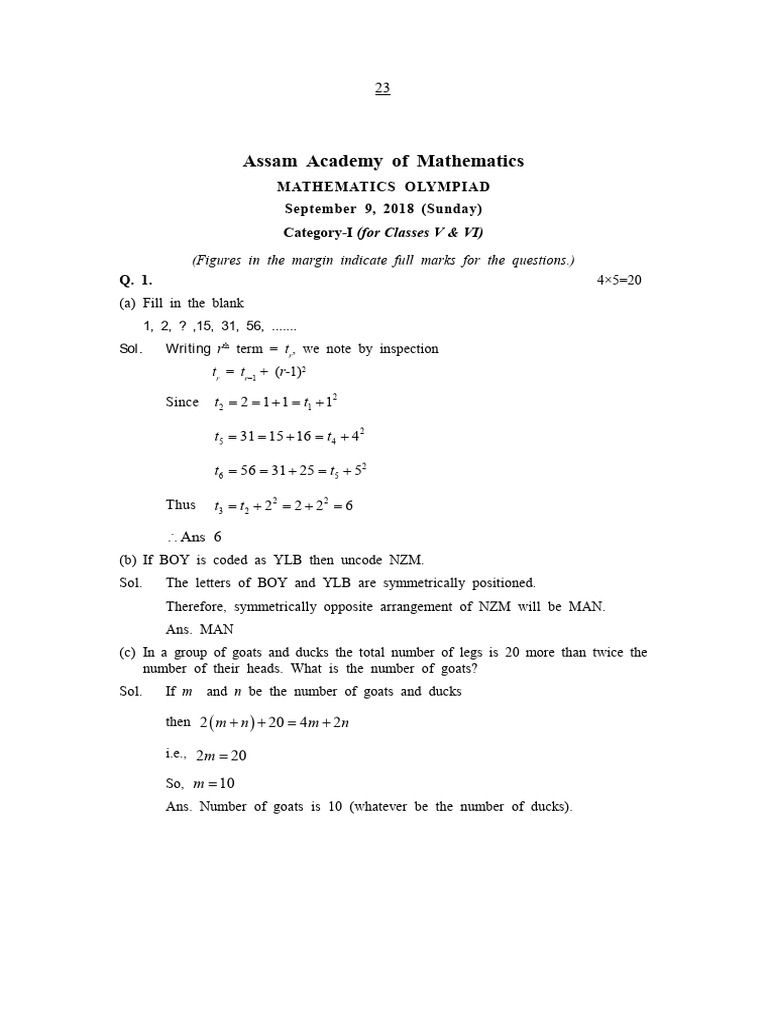 02018MathematicsOlympiad Category I PDF | PDF | Elementary Mathematics | Arithmetic
