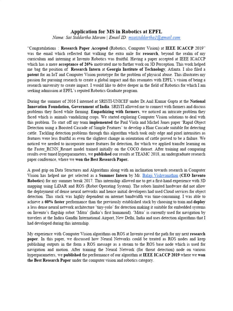 Statement of Purpose EPFL | PDF | Computer Vision | Artificial Intelligence