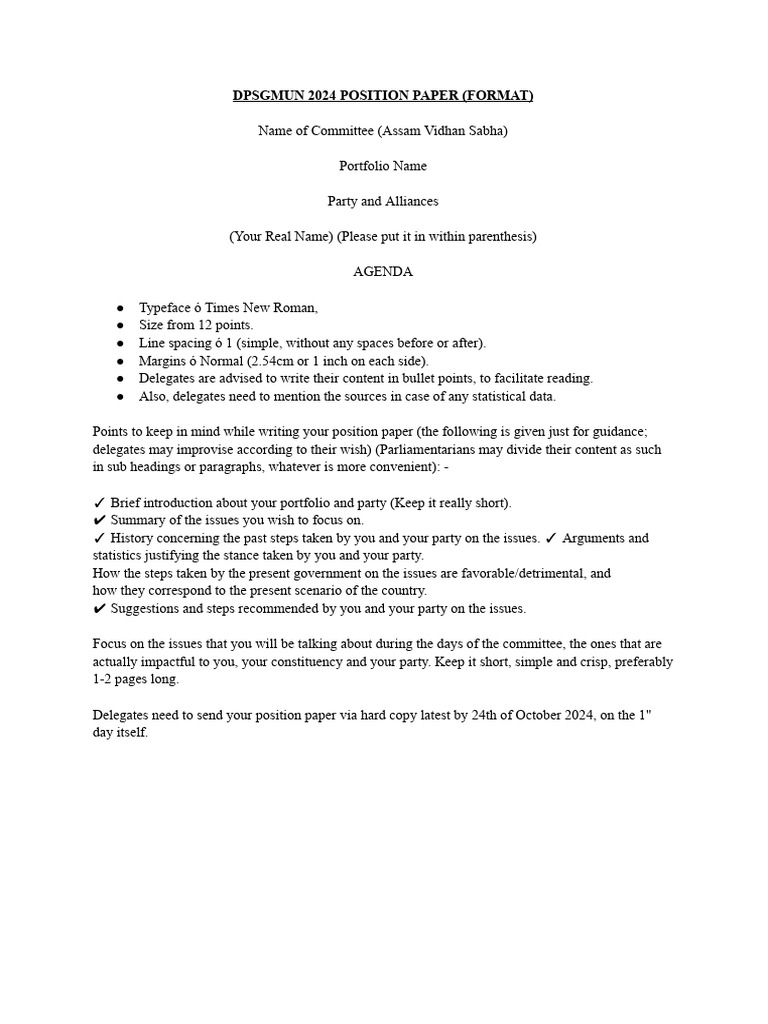 DPSGMUN 2024 POSITION PAPER (FORMAT) | PDF