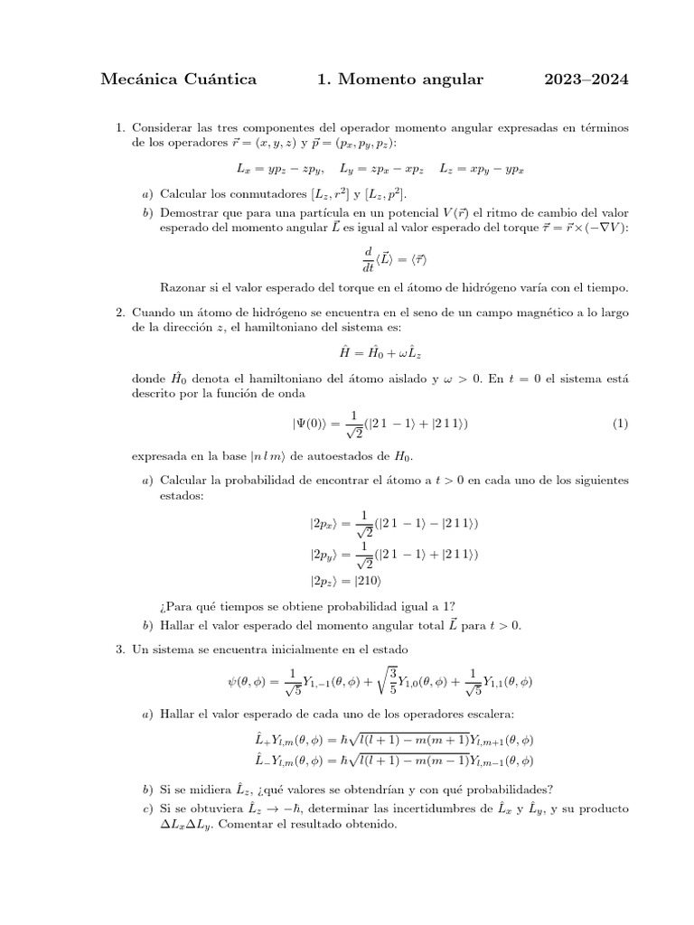 Momento Angular en Mecánica Cuántica | PDF | Hamiltoniano (Mecánica ...
