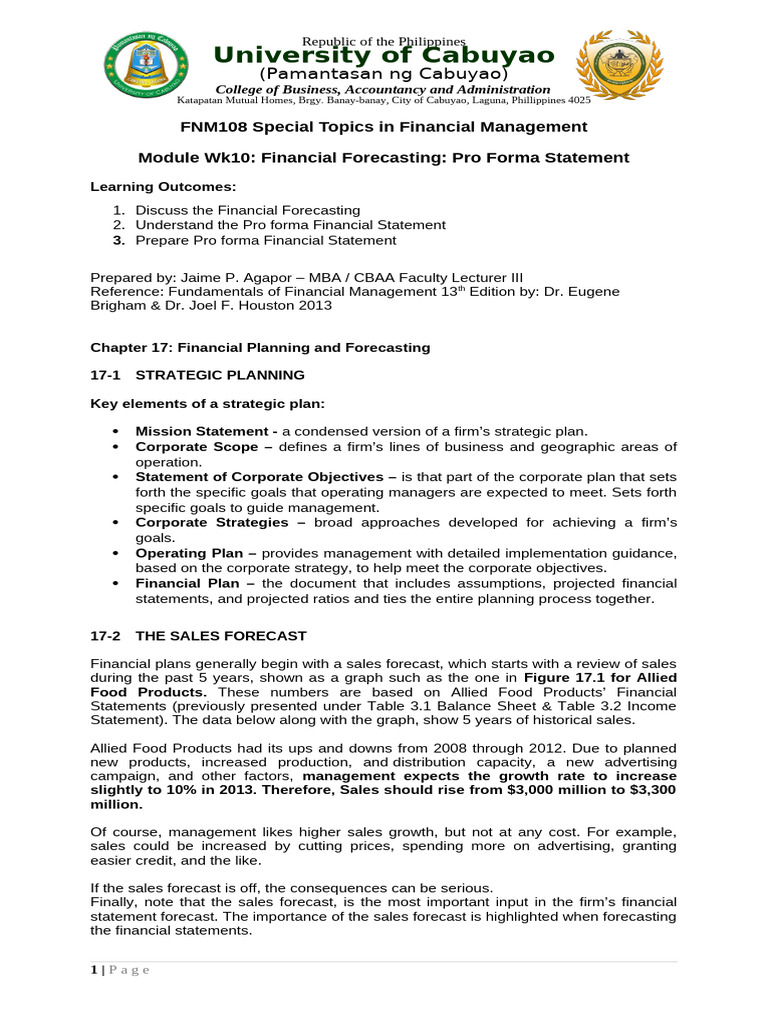 MODULE WK10 Financial Forecasting Pro Forma Satements | PDF | Retained ...