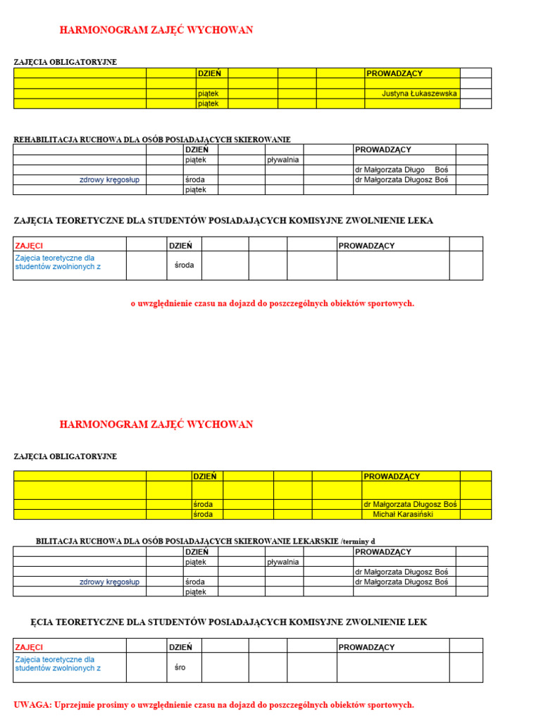 Harmonogram Zajec WF Dla Wszystkich Kierunkow Ii Roku Studiow ...