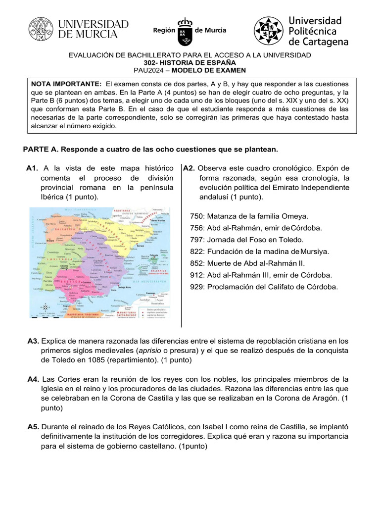 Modelo Examen de Historia de Espana PDF | PDF | España