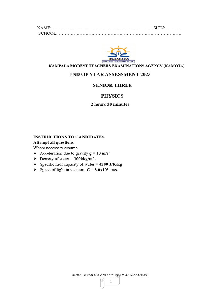 S3 Phy Eot 3 Kamota 2023. | PDF | Refraction | Heat