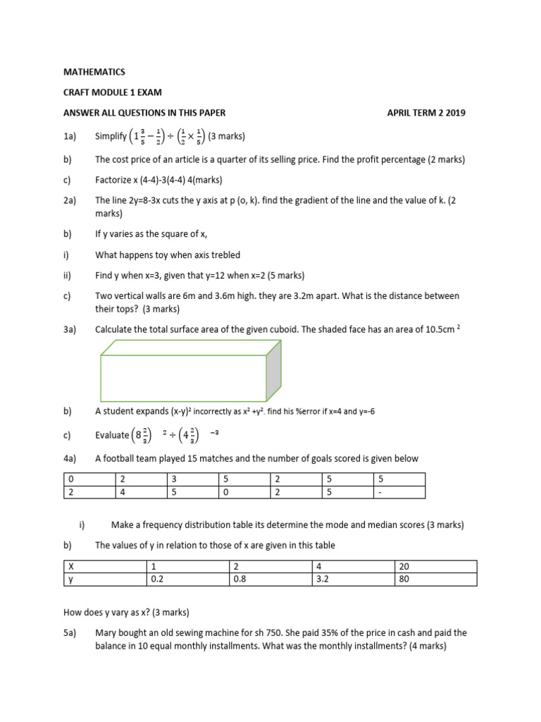 Mathematics Craft Module 1 Exam 2019 | PDF