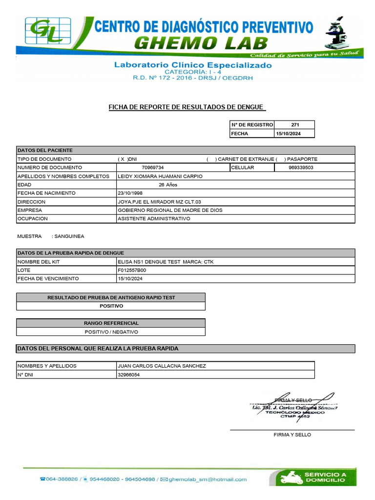 RESULTADOS DE LA PRUEBA DENGUE DE LEIDY XIOMARA HUAMANI CARPIO - Removed | PDF