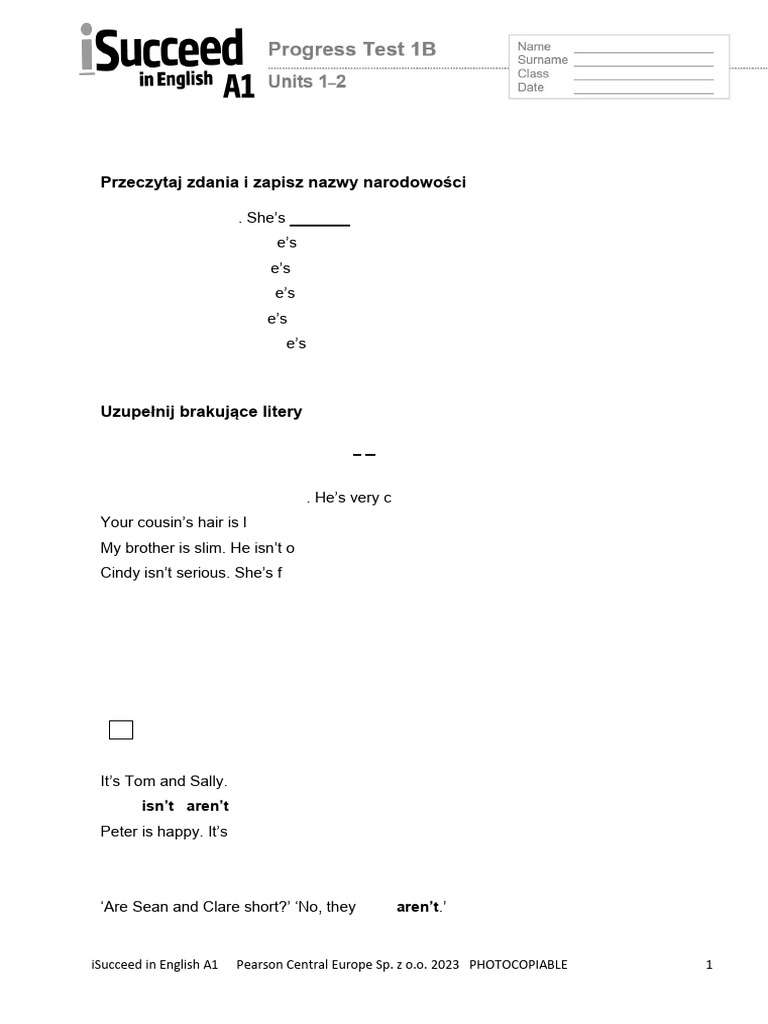 English A1 Vocabulary & Grammar Test | PDF