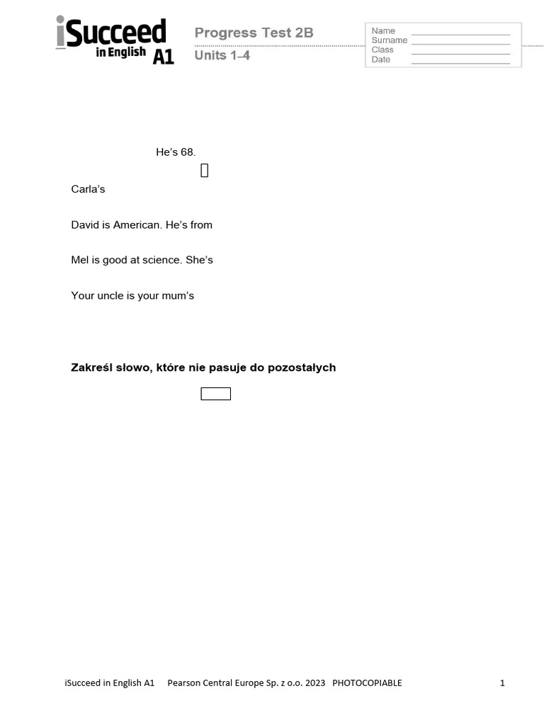 Isucceed A1 Tests ProgressTest 2 Group B | PDF