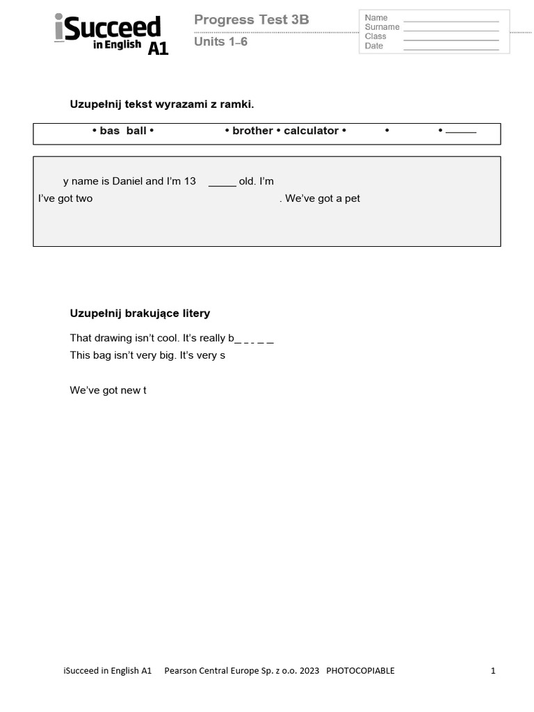 Isucceed A1 Tests Progresstest 3 Group B Pdf Ball Games Sports