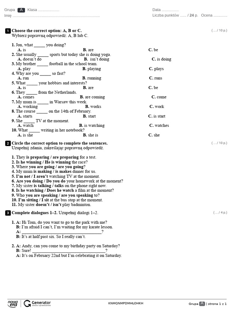 Unit 1 Short Test B GRAMMAR 2 Test | PDF