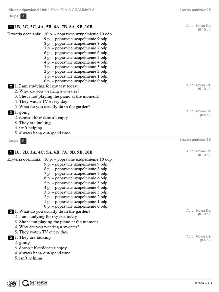 Unit 1 Short Test A GRAMMAR 2 Klucz Odpowiedzi | PDF