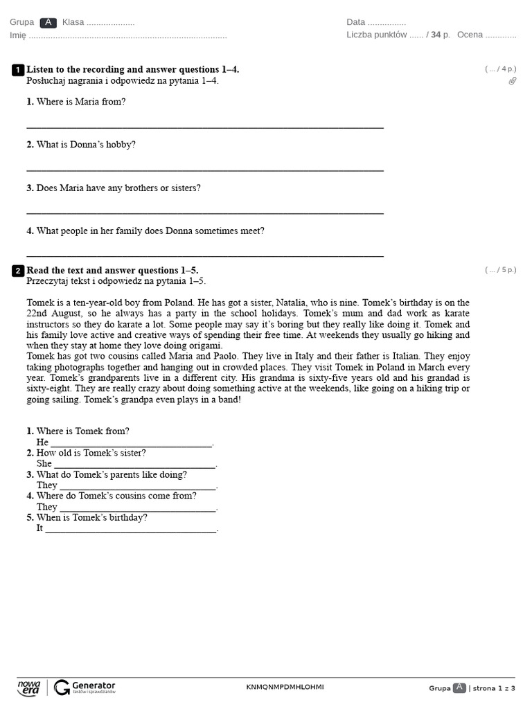 Unit 1 Test B Test | PDF | Grandparent | Interpersonal Relationships