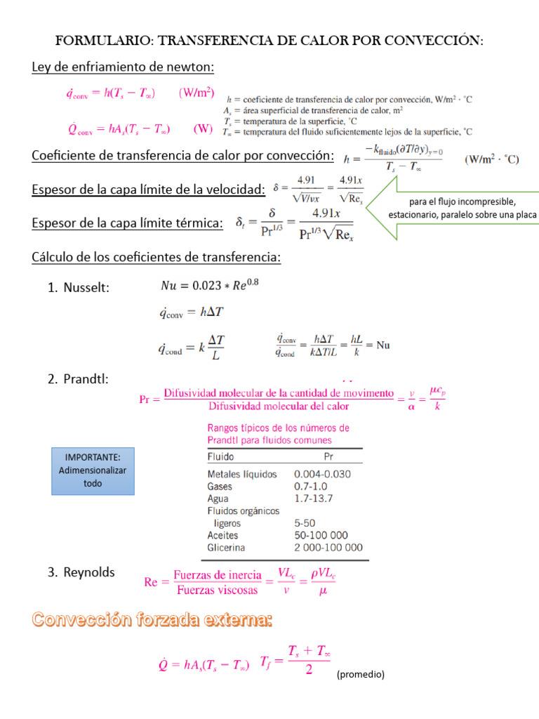 FORMULARIO Conveccion, Conduccion, Intercambiadores de Calor | PDF | Transferencia de calor ...