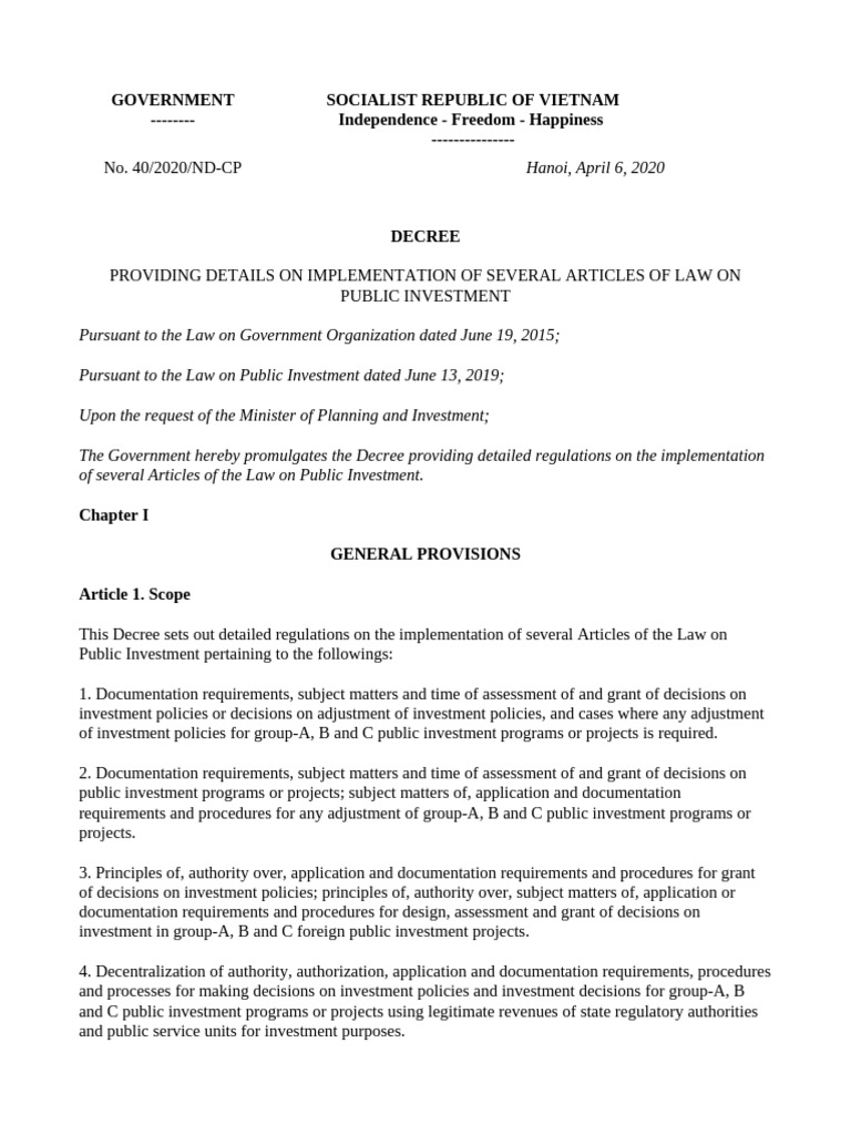 Vietnam Public Investment Decree 2020 | PDF | Policy | Government Spending