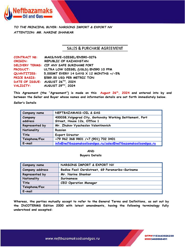 Diesel Supply Agreement with NARSONS NV | PDF | Arbitration