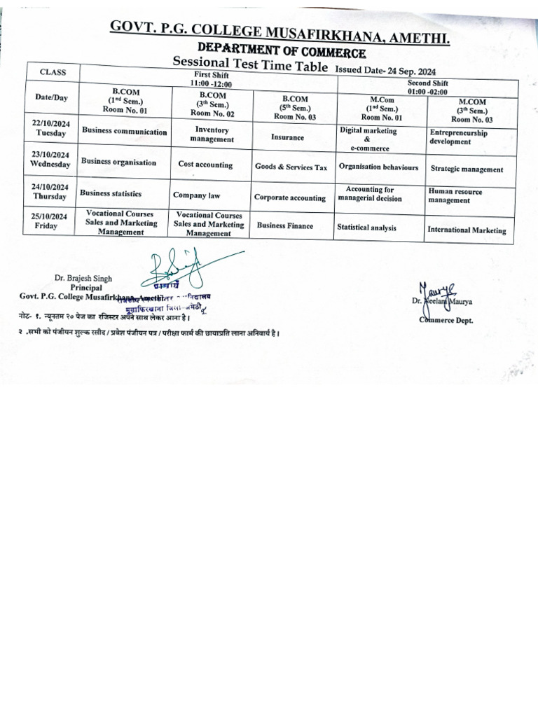 Sessional Test Time Table of B.com & | PDF