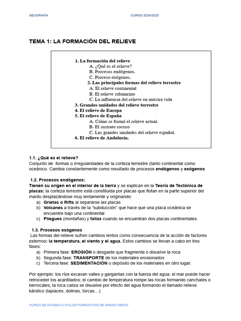 Tema 1 - La Formación Del Relieve | PDF | Terreno | Placas tectónicas