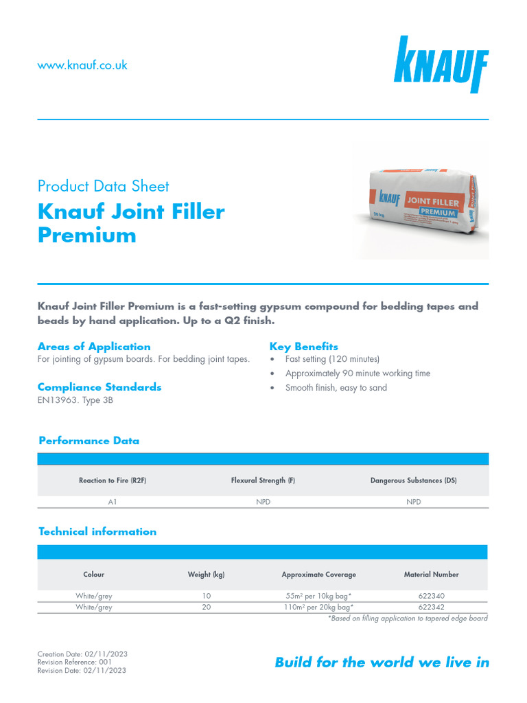 Knauf Joint Filler Premium Data Sheet | PDF | Drywall | Materials