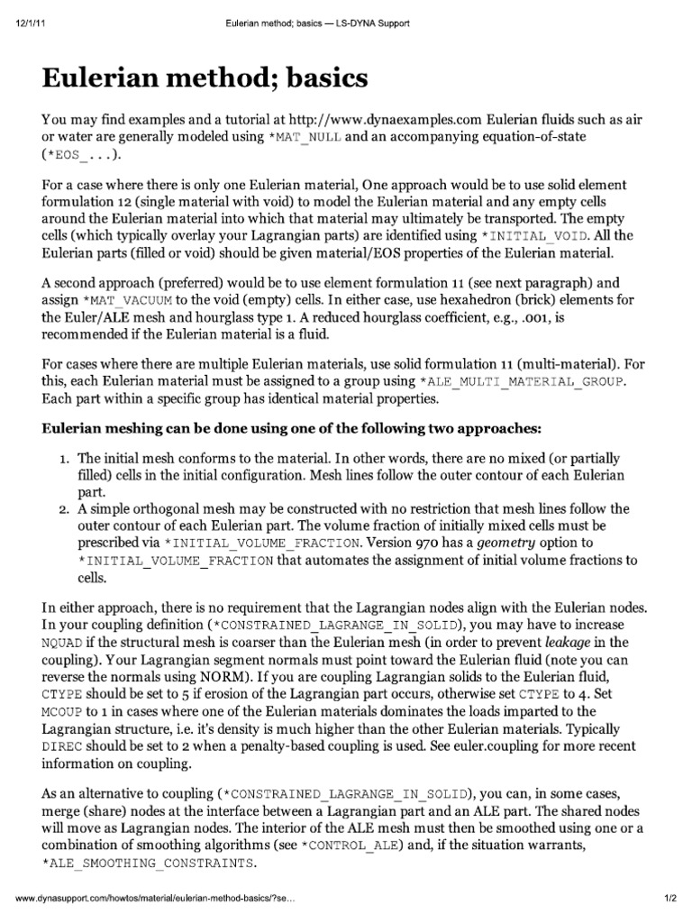 Eulerian Method Basics LS-DYNA Support | PDF