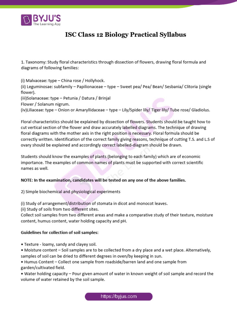 ISC Class 12 Biology Practical Syllabus | PDF | Soil | Flowers