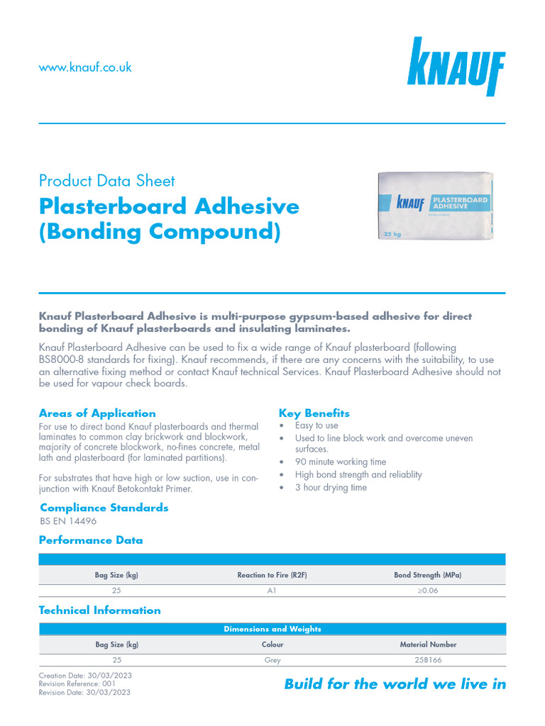 Knauf Plasterboard Adhesive Bonding Compound Product Data Sheet | PDF ...