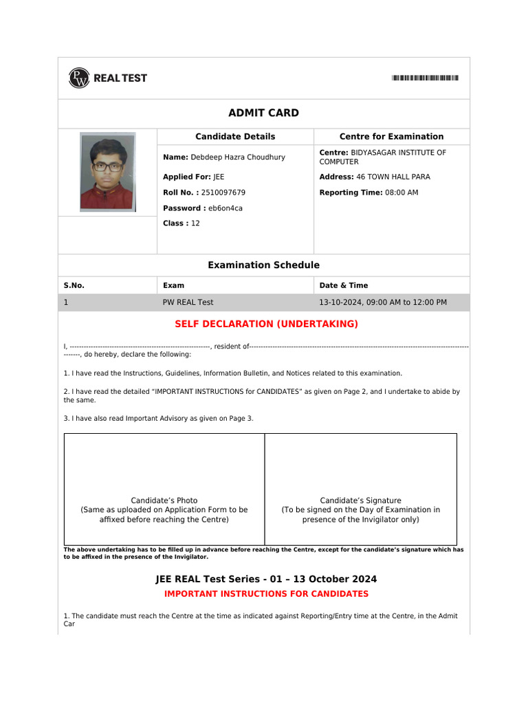 Admitcard 2510097679 6403200 | PDF | Identity Document
