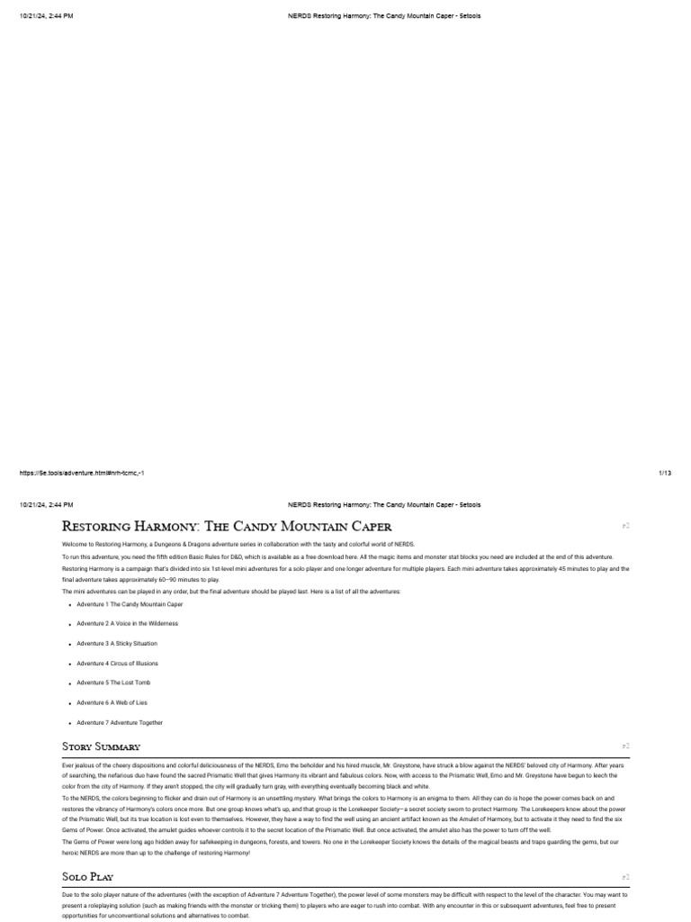 NERDS Restoring Harmony - The Candy Mountain Caper - 5etools | PDF