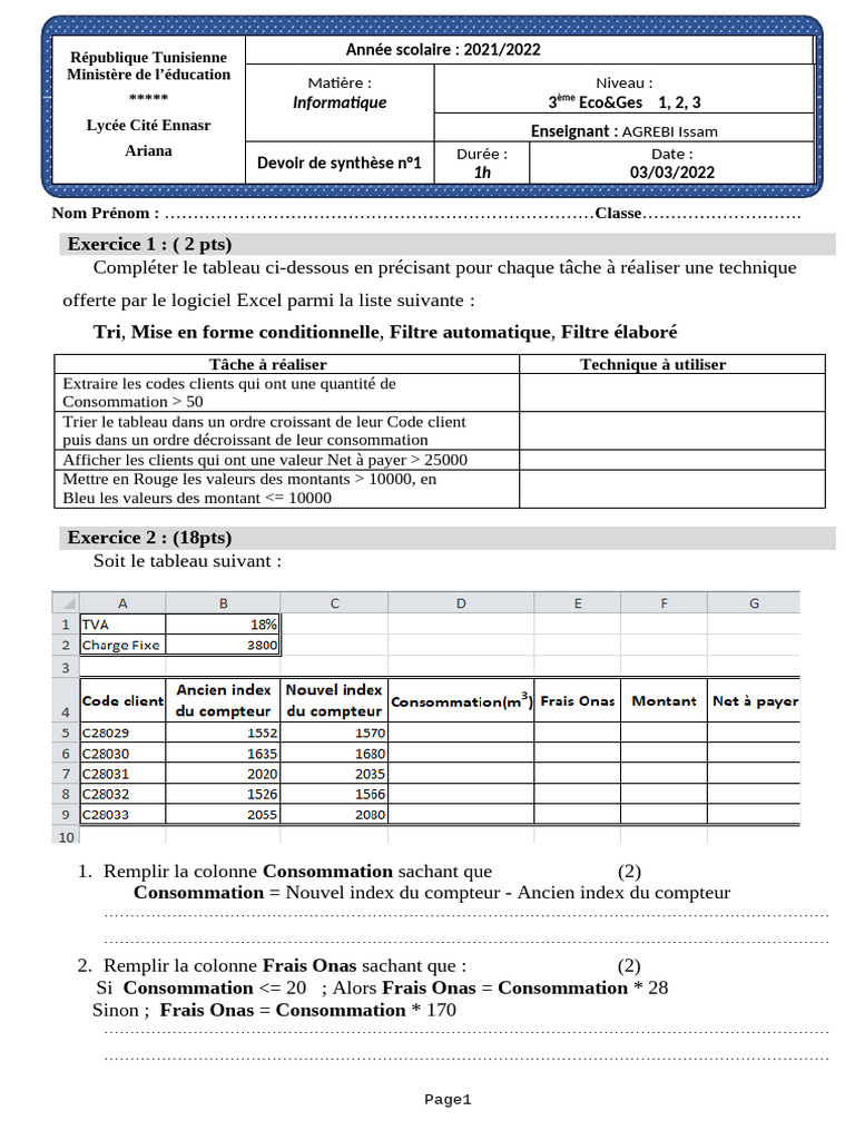 Devoir d'informatique Excel 3ème Eco&Ges | PDF | Informatique ...