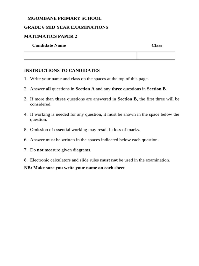 Grade 6 Mathematics Exam Paper 2 | PDF | Speed | Mathematics