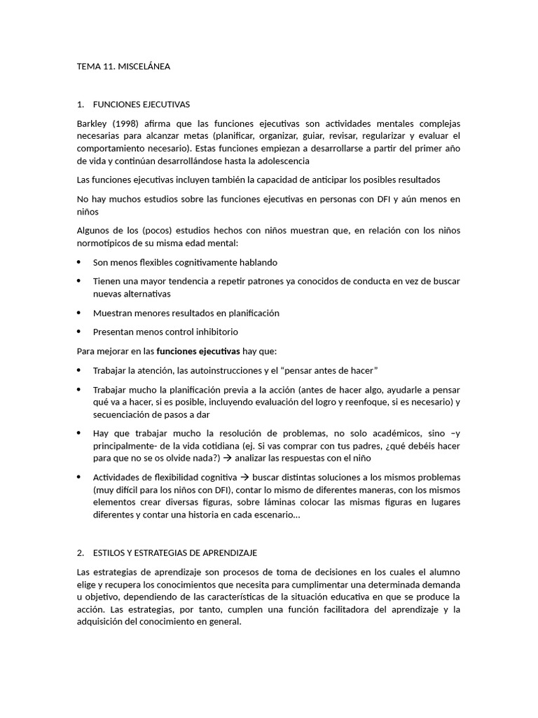 TEMA 11. Miscelánea | PDF | Aprendizaje | Funciones ejecutivas