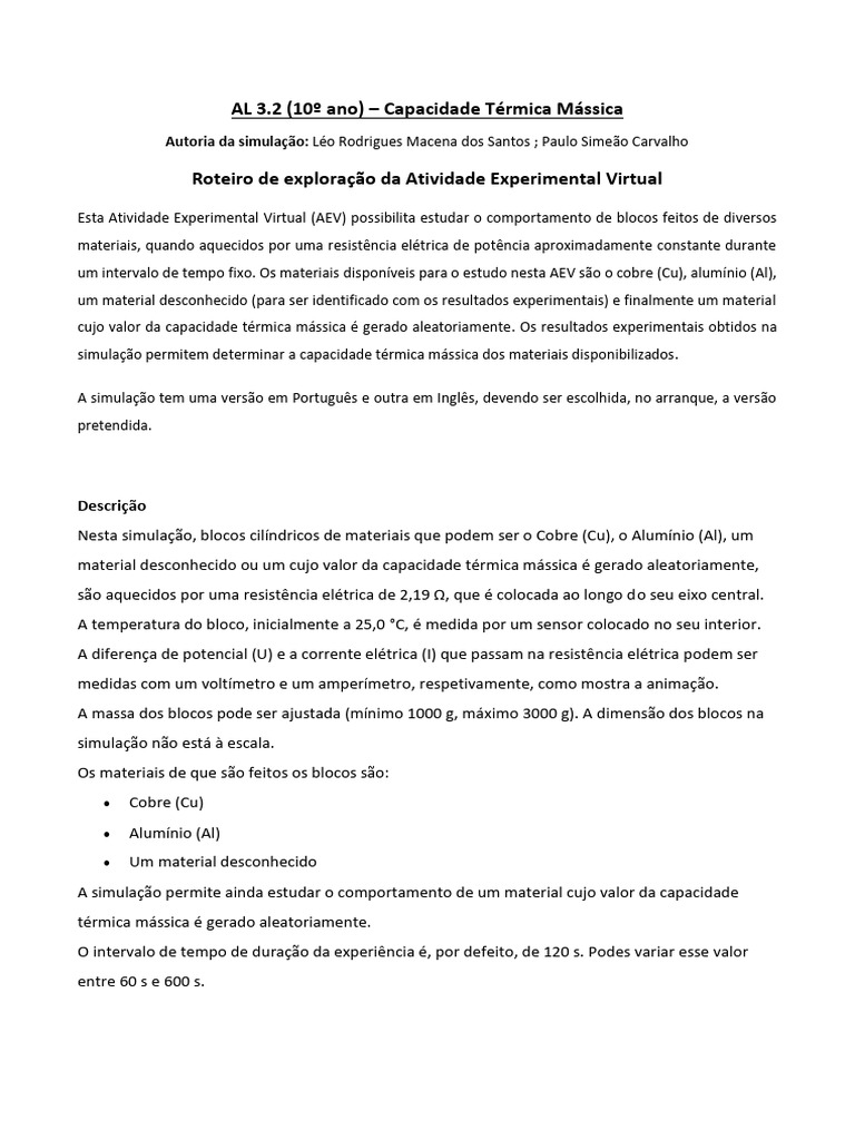 Simulação de Capacidade Térmica Mássica | PDF | Resistência elétrica e ...